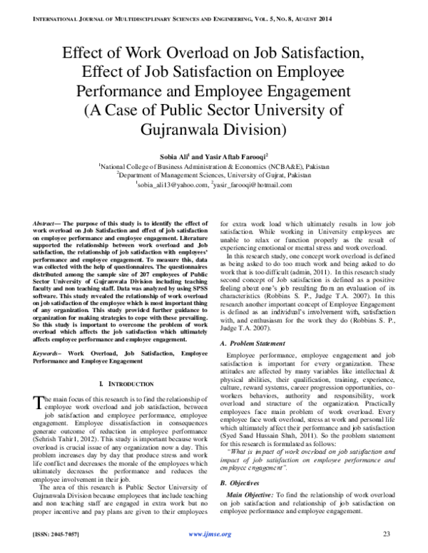 (PDF) Effect of Work Overload on Job Satisfaction , Effect of Job Satisfaction on Employee ...