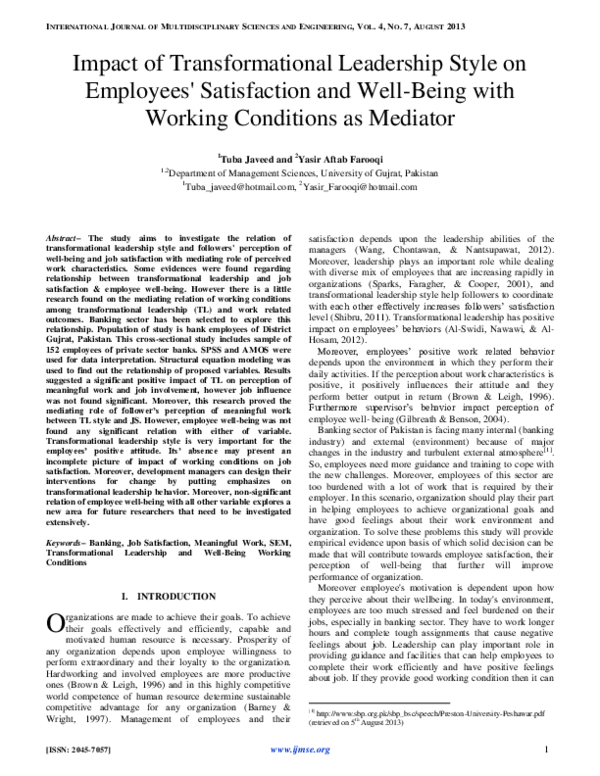 (PDF) Impact of Transformational Leadership Style on Employees' Satisfaction and Well-Being with ...
