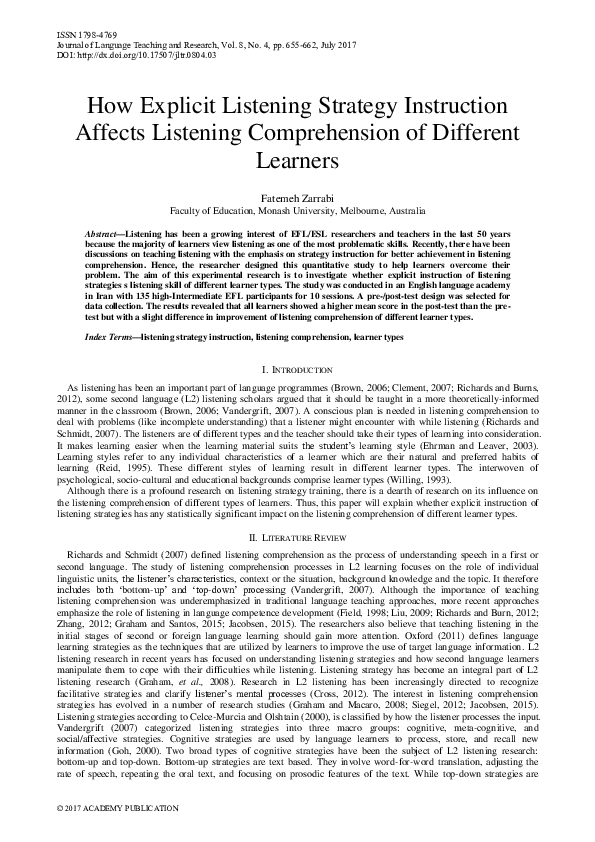 (PDF) How Explicit Listening Strategy Instruction Affects Listening Comprehension of Different ...