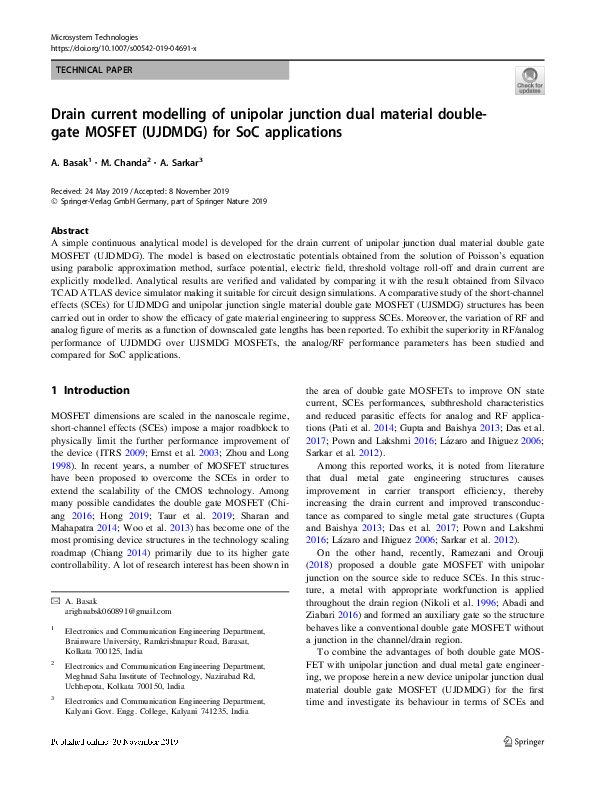 (PDF) Drain current modelling of unipolar junction dual material double-gate MOSFET (UJDMDG) for ...