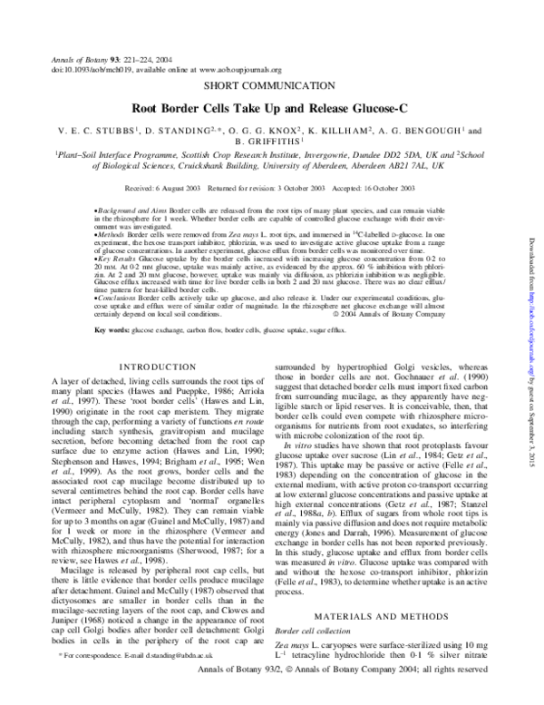 (PDF) SHORT COMMUNICATION Root Border Cells Take Up and Release Glucose-C