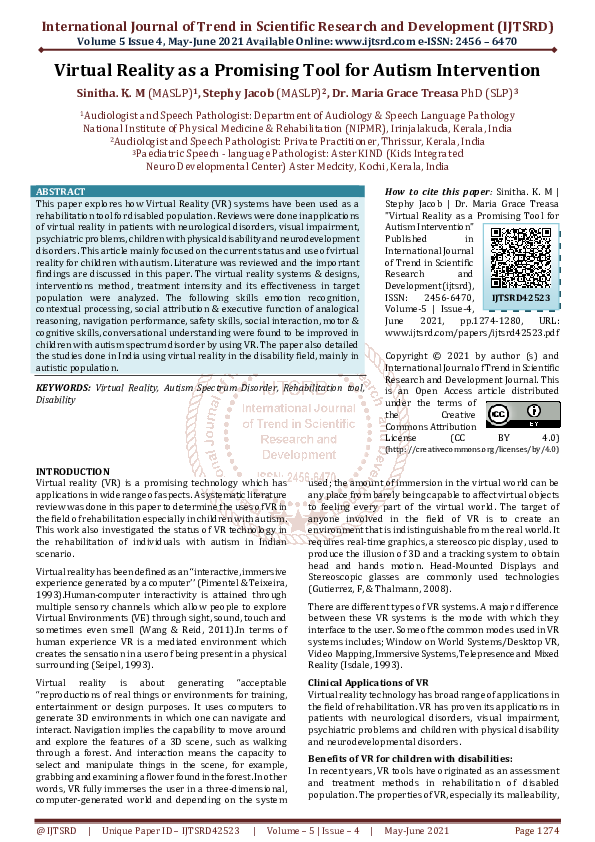 (PDF) Virtual Reality as a Promising Tool for Autism Intervention