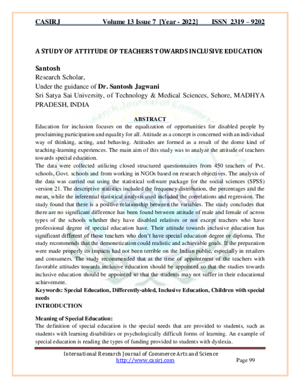 (PDF) A STUDY OF ATTITUDE OF TEACHERS TOWARDS INCLUSIVE EDUCATION Santosh Research Scholar ...