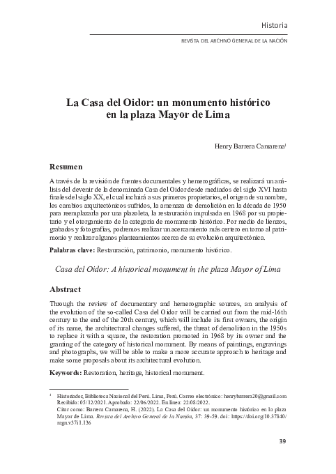 (PDF) La Casa del Oidor: un monumento histórico en la plaza Mayor de Lima