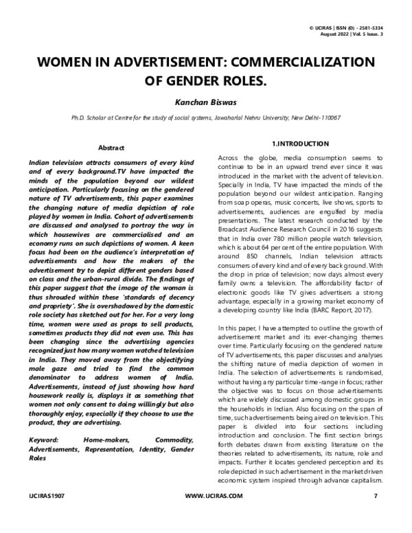 (PDF) WOMEN IN ADVERTISEMENT: COMMERCIALIZATION OF GENDER ROLES