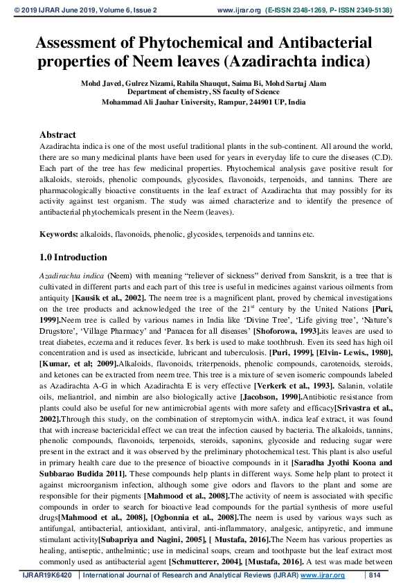 (PDF) Assessment of Phytochemical and Antibacterial properties of Neem leaves (Azadirachta indica