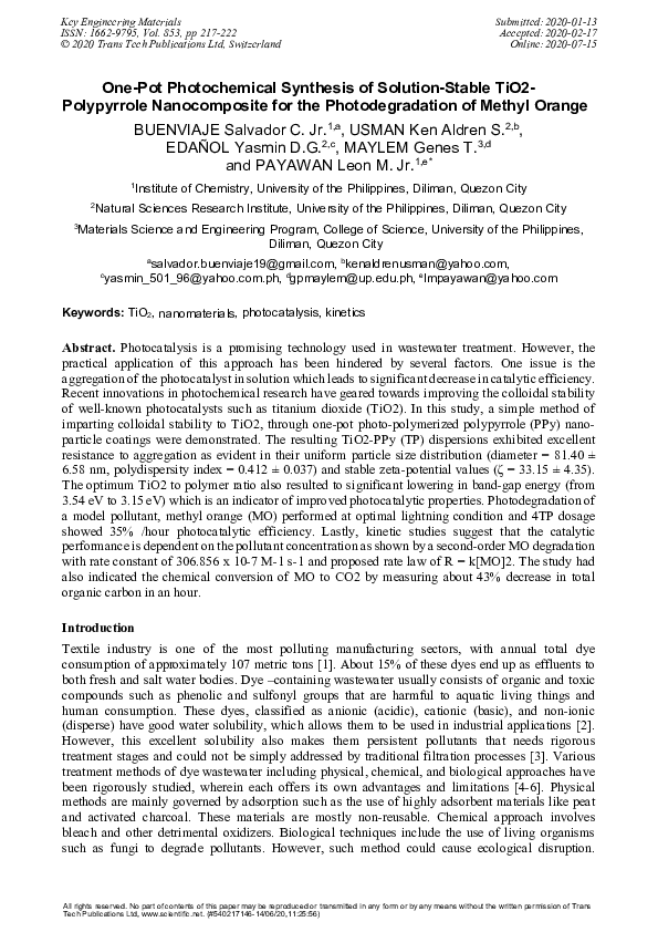 (PDF) One-Pot Photochemical Synthesis of Solution-Stable TiO2-Polypyrrole Nanocomposite for the ...