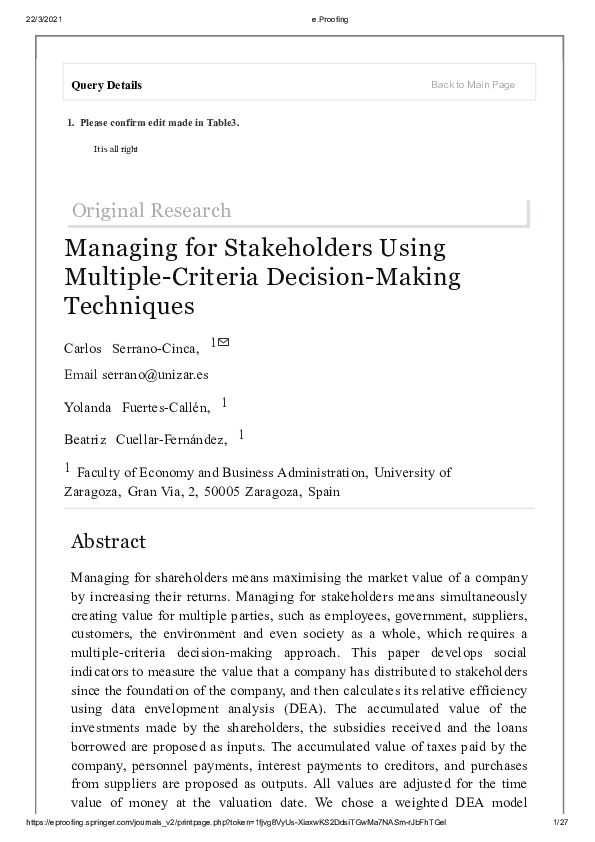 Pdf Managing For Stakeholders Using Multiple Criteria Decision Making