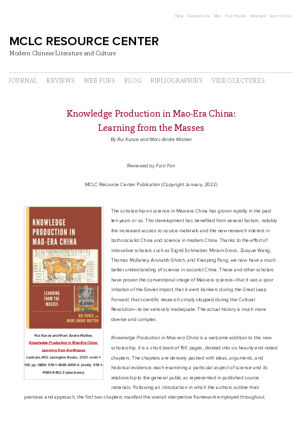 (PDF) MCLC Review (F. Fan, 2022)_Knowledge Production in Mao-Era China