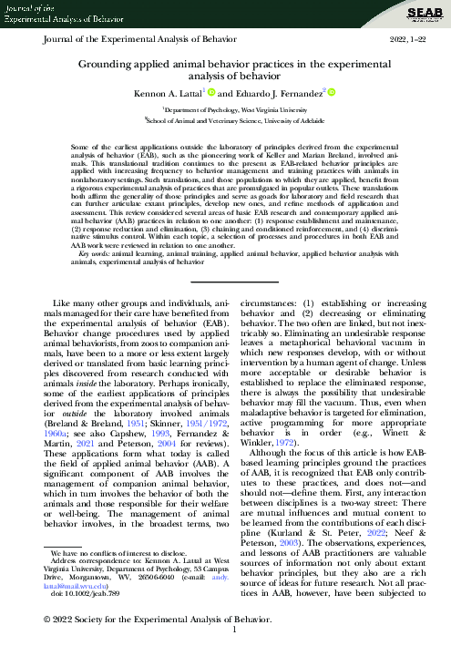 Grounding Applied Animal Behavior Practices in the Experimental ...