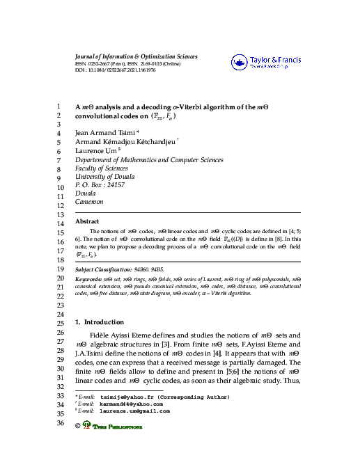 (PDF) A m-theta analysis and a decoding α-Viterbi algorithm of the m-theta convolutional codes ...