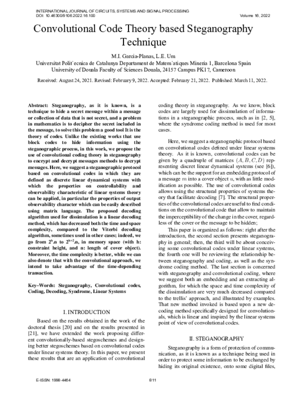 Pdf Convolutional Code Theory Based Steganography Technique