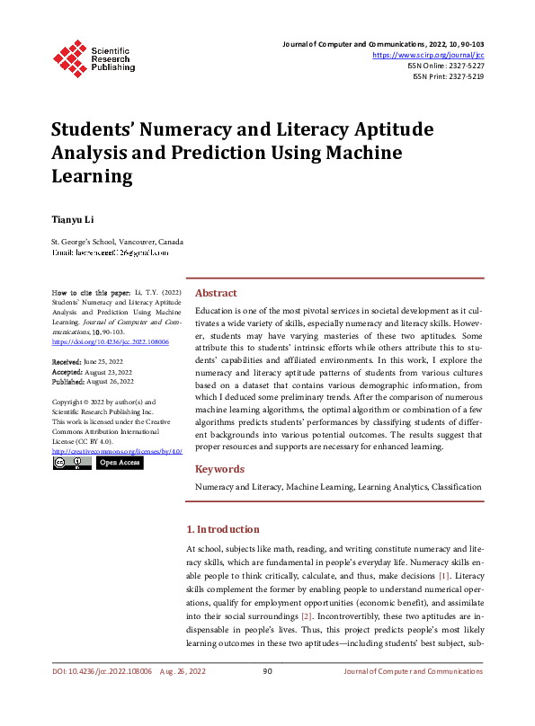 (PDF) Students' Numeracy and Literacy Aptitude Analysis and Prediction using Machine Learning
