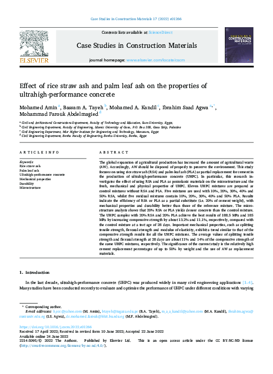 Pdf Effect Of Rice Straw Ash And Palm Leaf Ash On The Properties Of Ultrahigh Performance Concrete
