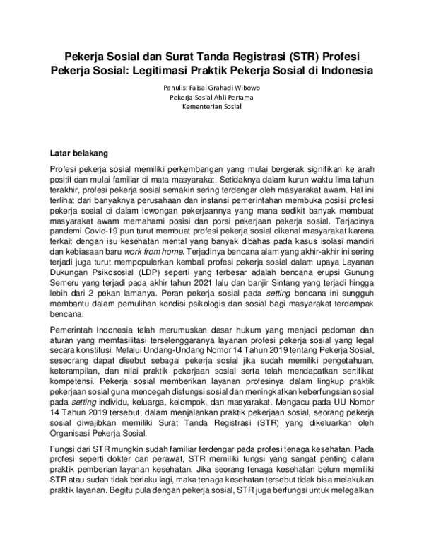 (PDF) Pekerja Sosial dan Surat Tanda Registrasi (STR) Profesi Pekerja Sosial: Legitimasi Praktik ...