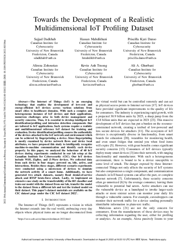 Pdf Towards The Development Of A Realistic Multidimensional Iot Profiling Dataset