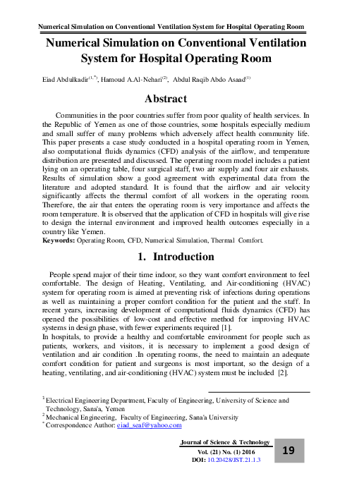 (PDF) Numerical Simulation on Conventional Ventilation System for Hospital Operating Room