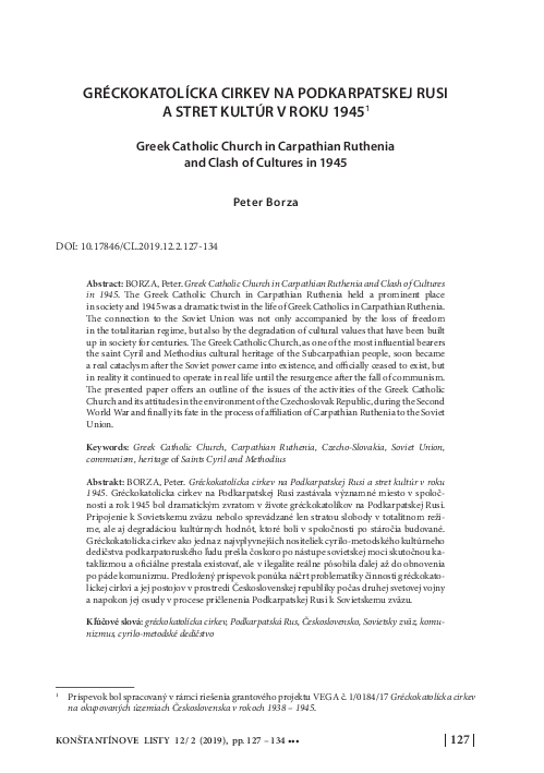 (PDF) Gréckokatolícka cirkev na Podkarpatskej Rusi a stret kultúr v roku 1945 | Peter Borza ...