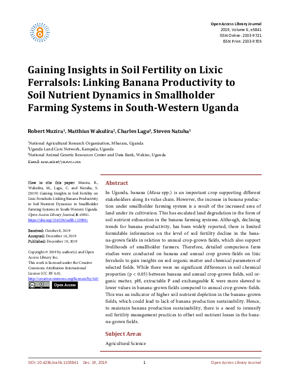 (PDF) Gaining Insights in Soil Fertility on Lixic Ferralsols: Linking Banana Productivity to ...