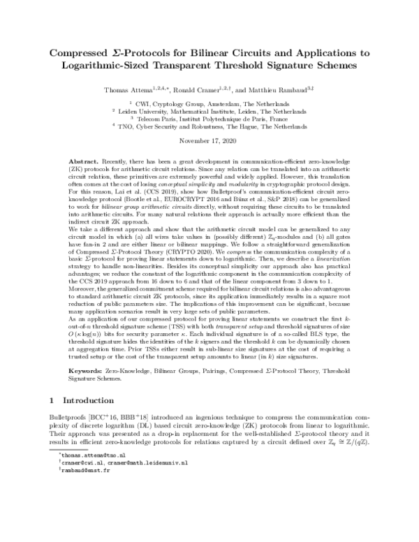 (PDF) Compressed Sigma-Protocols for Bilinear Circuits and Applications ...