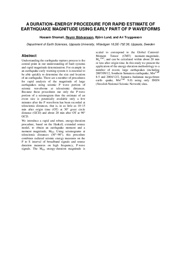 (PDF) A Duration-Energy Procedure for Rapid Estimate of Earthquake Magnitude Using Early Part of ...