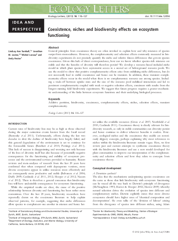 (PDF) Coexistence, niches and biodiversity effects on ecosystem functioning