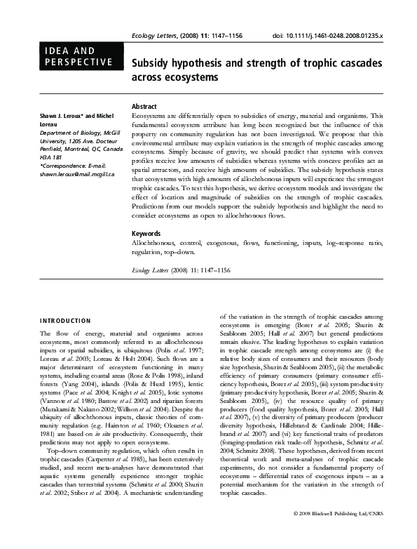 Pdf Subsidy Hypothesis And Strength Of Trophic Cascades Across Ecosystems