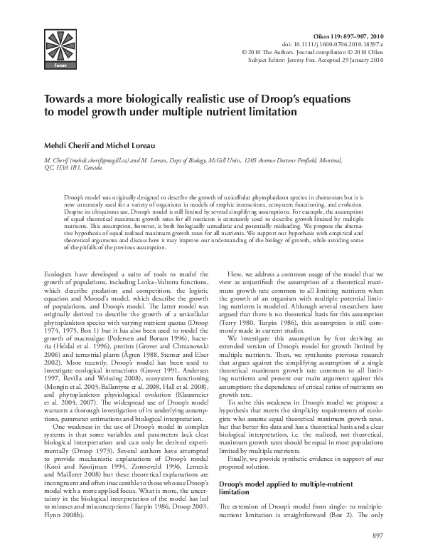 (PDF) Towards a more biologically realistic use of Droop's equations to ...