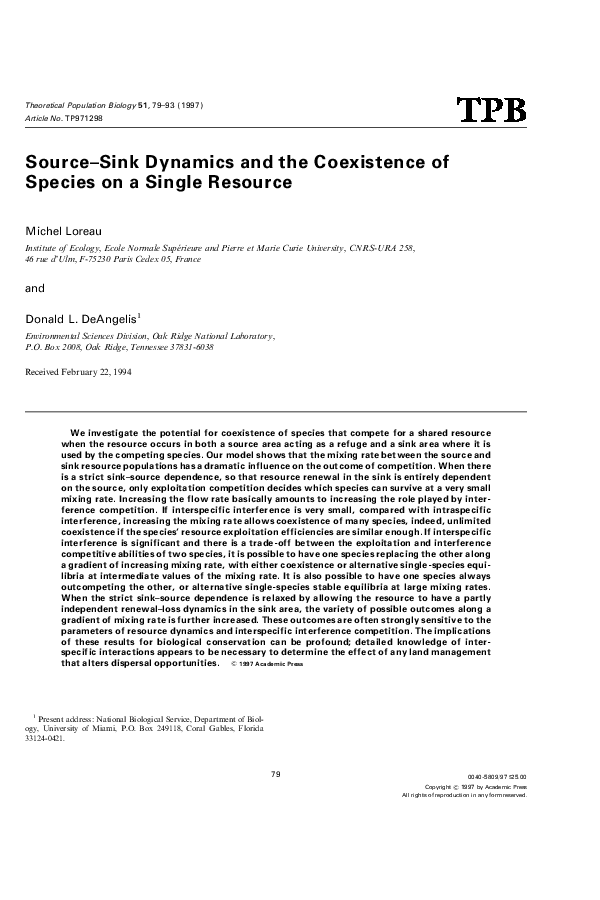(PDF) Source–Sink Dynamics and the Coexistence of Species on a Single ...
