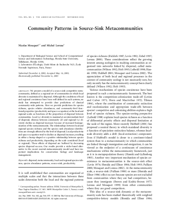 (PDF) Community Patterns in Source‐Sink Metacommunities