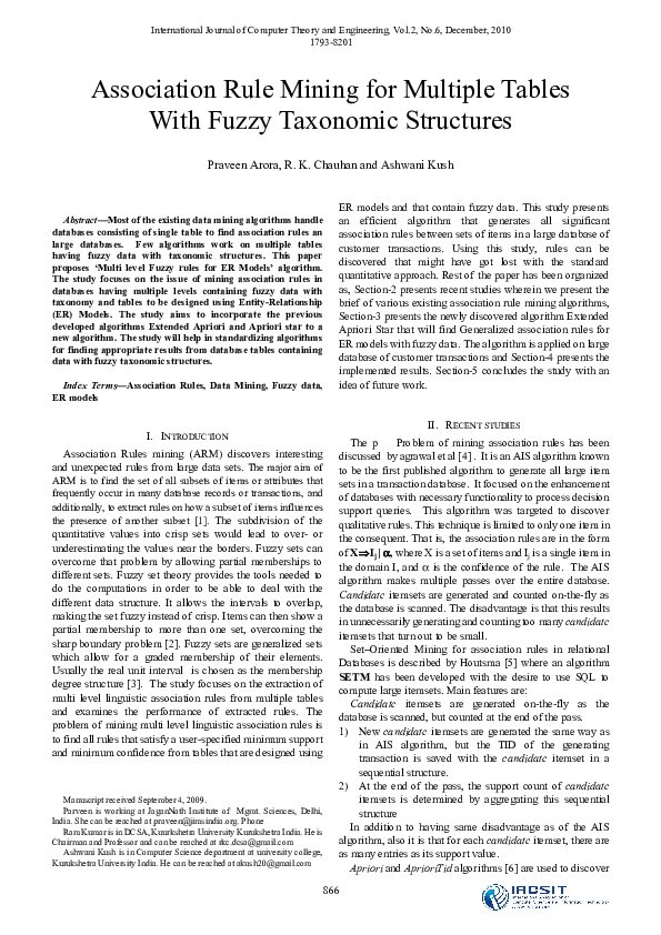 (PDF) Association Rule Mining for Multiple Tables With Fuzzy Taxonomic Structures | Praveen ...