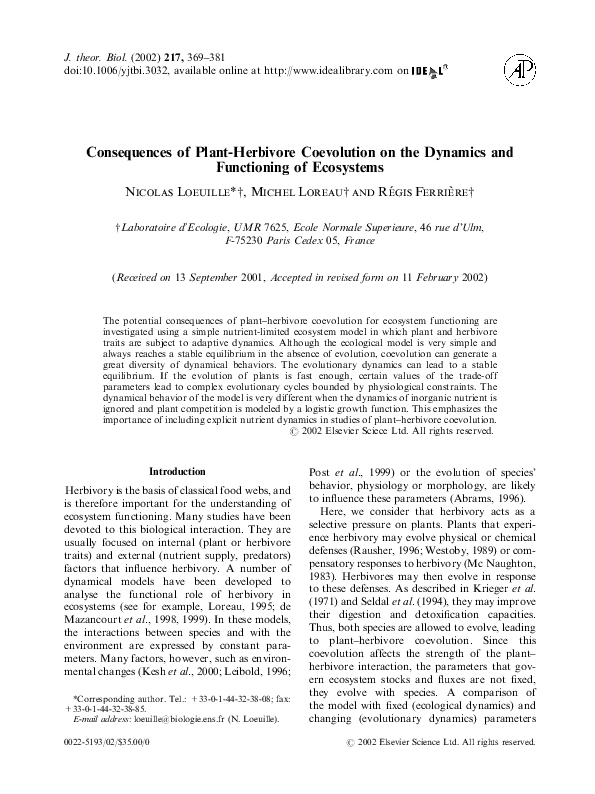 (PDF) Consequences of Plant-Herbivore Coevolution on the Dynamics and Functioning of Ecosystems