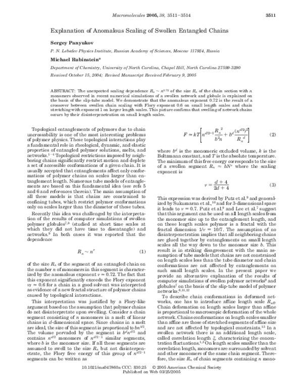 Pdf Explanation Of Anomalous Scaling Of Swollen Entangled Chains