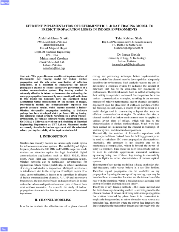 Pdf Efficient Implementation Of Deterministic 3 D Ray Tracing Model To Predict Propagation