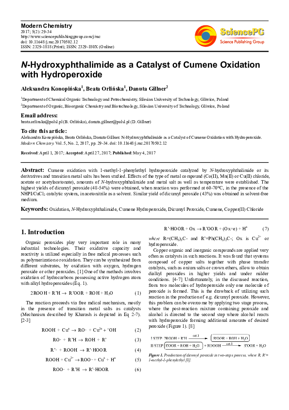 (PDF) N-Hydroxyphthalimide as a Catalyst of Cumene Oxidation with ...