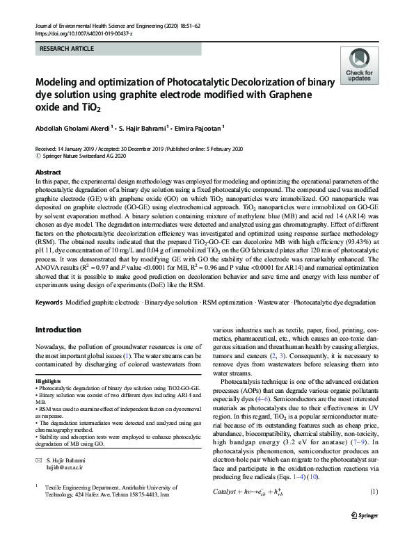 Pdf Modeling And Optimization Of Photocatalytic Decolorization Of Binary Dye Solution Using