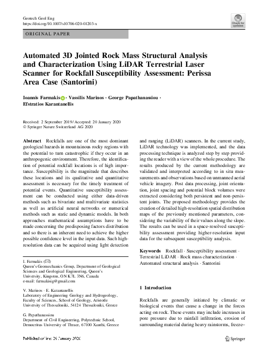 Pdf Automated 3d Jointed Rock Mass Structural Analysis And Characterization Using Lidar