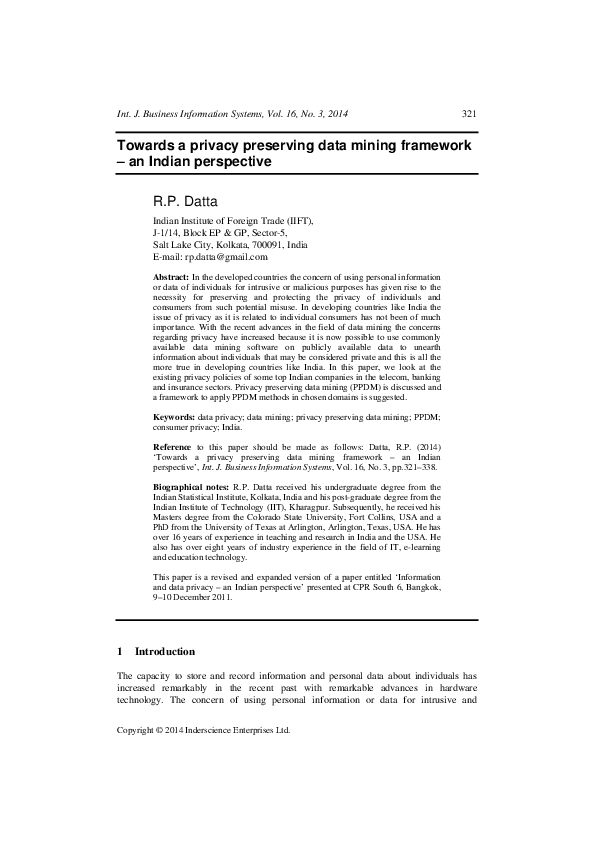 Pdf Towards A Privacy Preserving Data Mining Framework An Indian