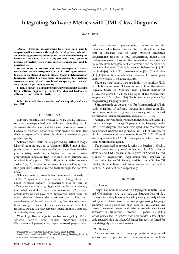 Pdf Integrating Software Metrics With Uml Class Diagrams Metin Turan