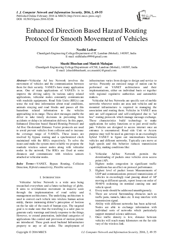 (PDF) Enhanced Direction Based Hazard Routing Protocol for Smooth ...