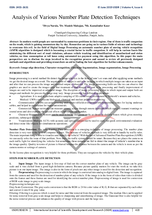 (PDF) Analysis of Various Number Plate Detection Techniques