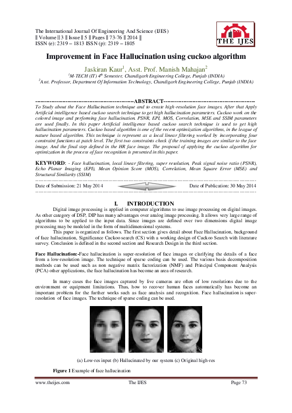 (PDF) Improvement in Face Hallucination using cuckoo algorithm
