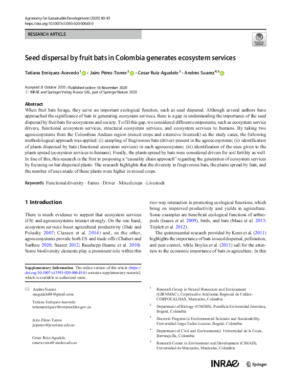 (PDF) Seed dispersal by fruit bats in Colombia generates ecosystem ...