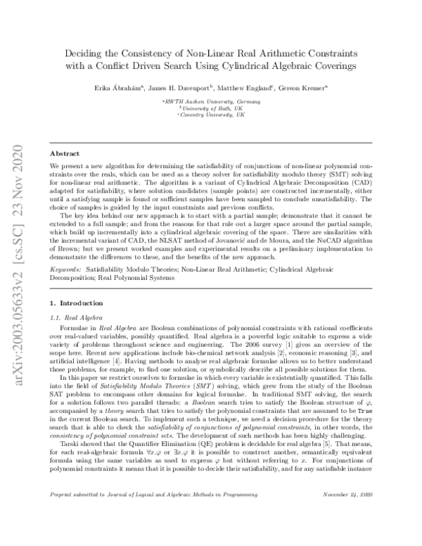 Pdf Deciding The Consistency Of Non Linear Real Arithmetic