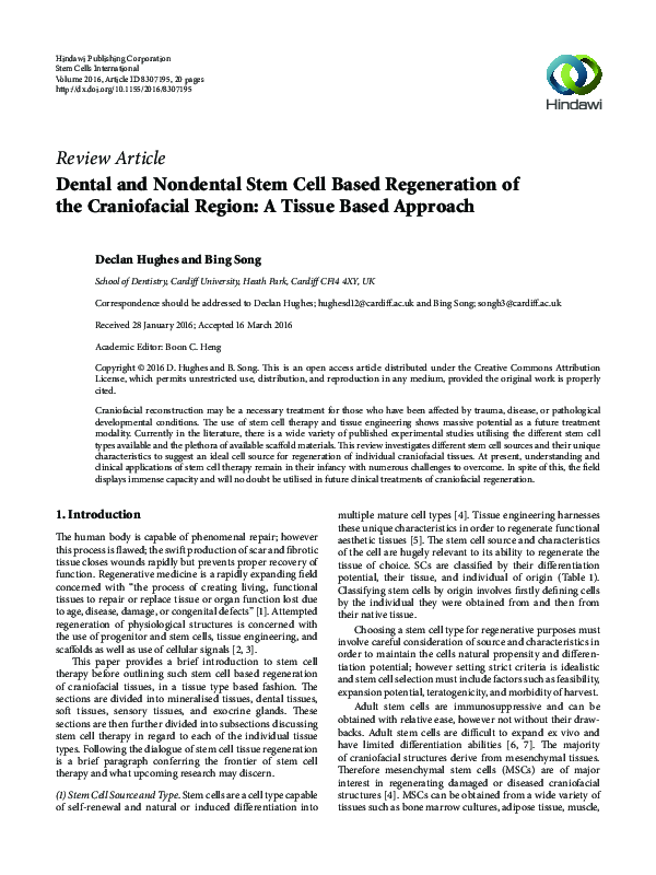 (PDF) Dental and Nondental Stem Cell Based Regeneration of the Craniofacial Region: A Tissue ...