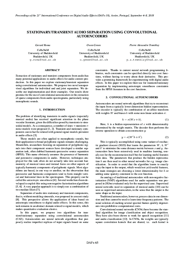 Pdf Stationarytransient Audio Separation Using Convolutional Autoencoders