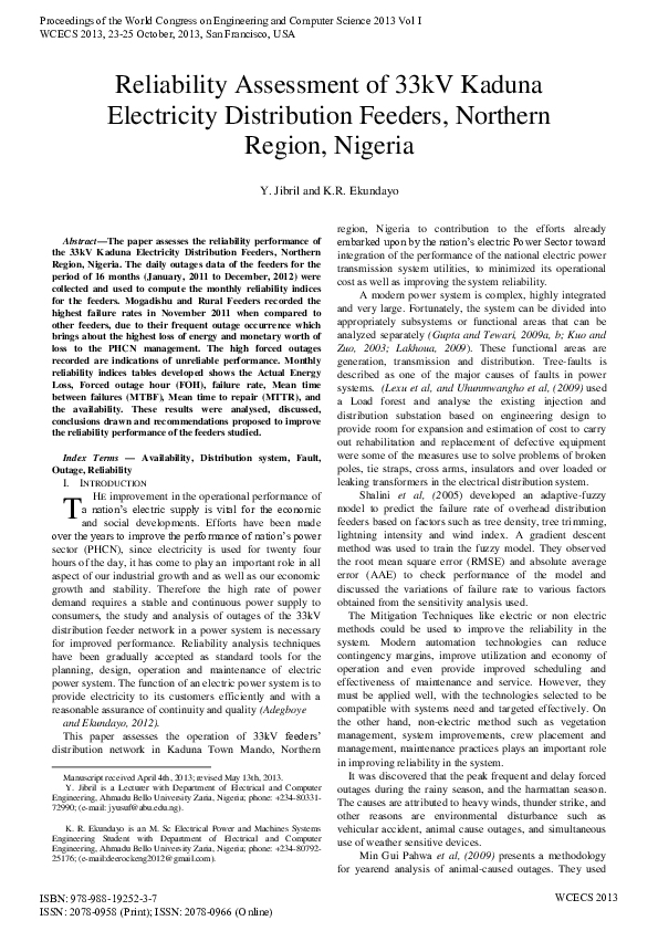(PDF) Reliability Assessment of 33kV Kaduna Electricity Distribution Feeders, Northern Region ...