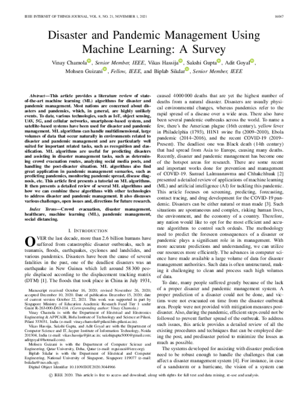 (PDF) Disaster and Pandemic Management Using Machine Learning: A Survey