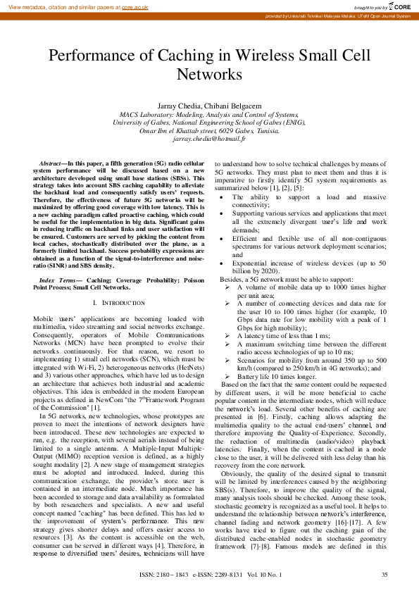 (PDF) Performance of Caching in Wireless Small Cell Networks