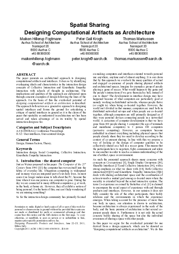 (PDF) Spatial Sharing: Designing Computational Artifacts as Architecture
